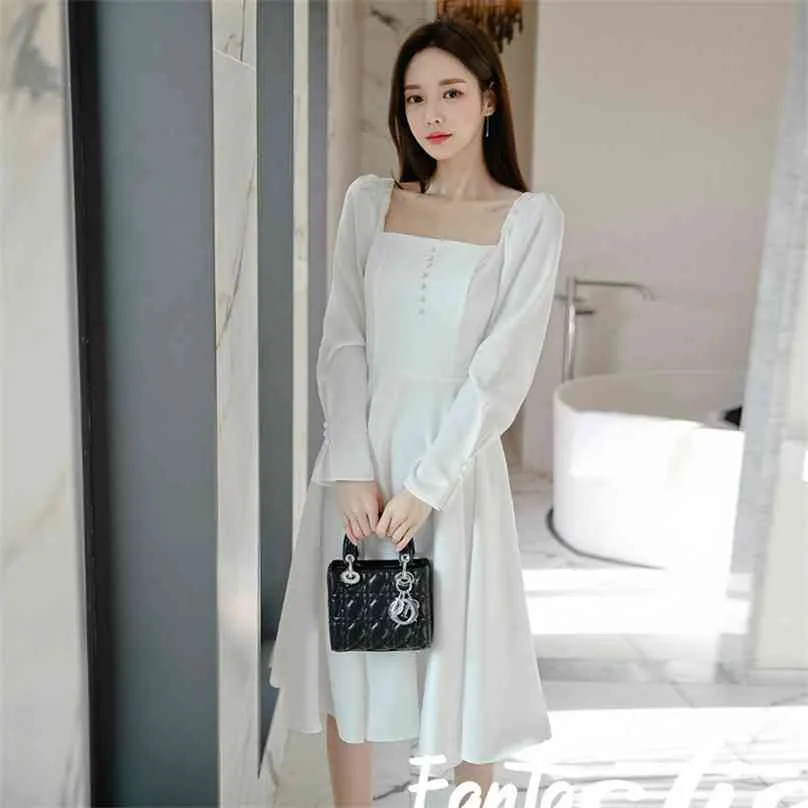 Korean Style White Korean Party Dress For Women Loose Fit, Square Neckline, Long Sleeves ...