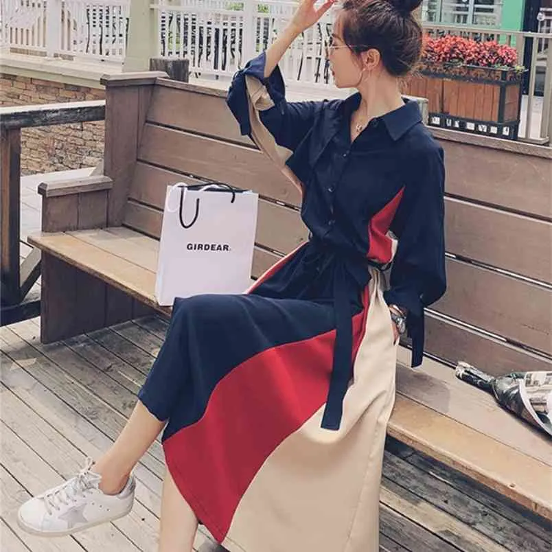 Women's Elegant Vintage Long Sleeve Casual Sashes Hit Color Shirt Dress ...