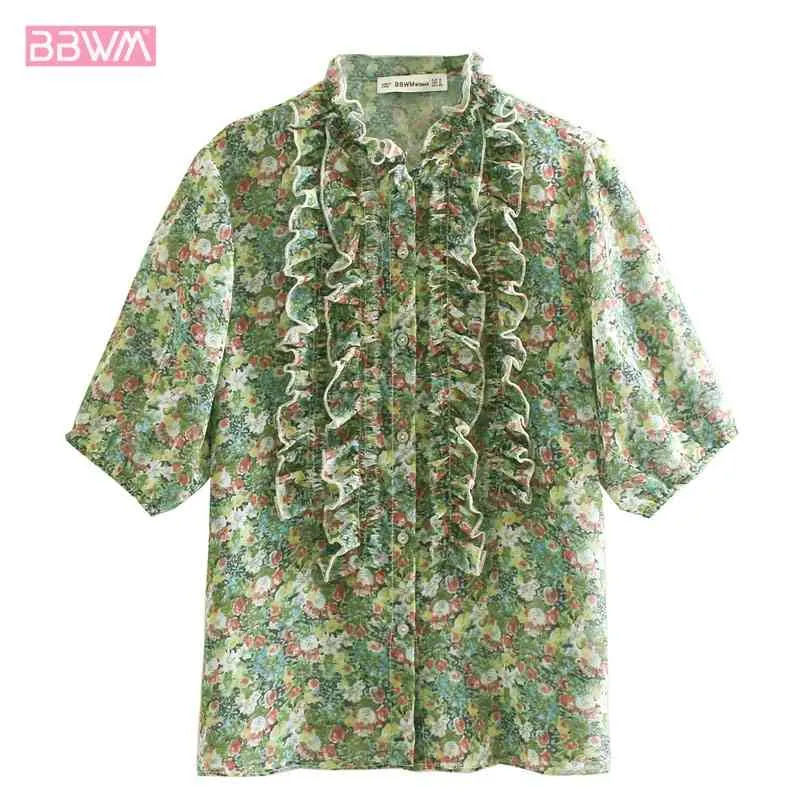 Women s floral print ruffled lapels short-sleeved shirt polyester ...