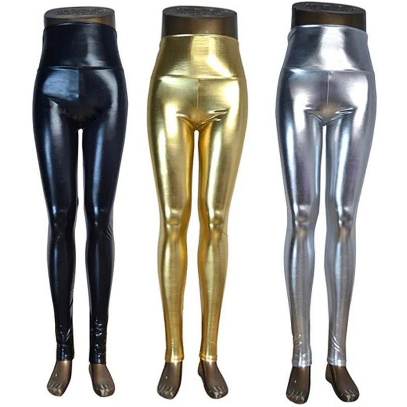 High Waisted Shiny Black Leggings - Metallic Dance Pants, Stretchy Faux ...