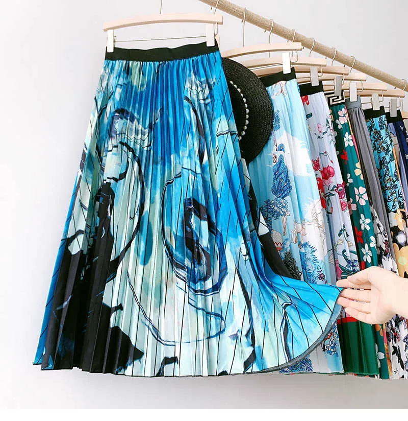 SURMIITRO Vintage Print High Waist Midi Chiffon Skirt Korean Style ...