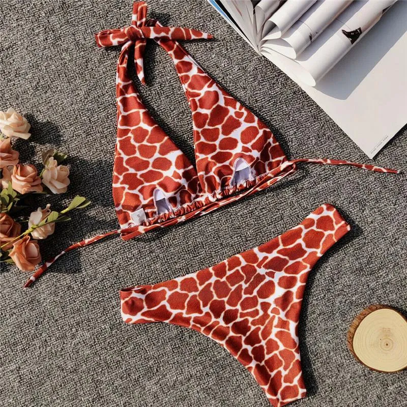 Women Sexy Bikini Set Hollow Out Cross Spot Printed Swimsuit Push Up