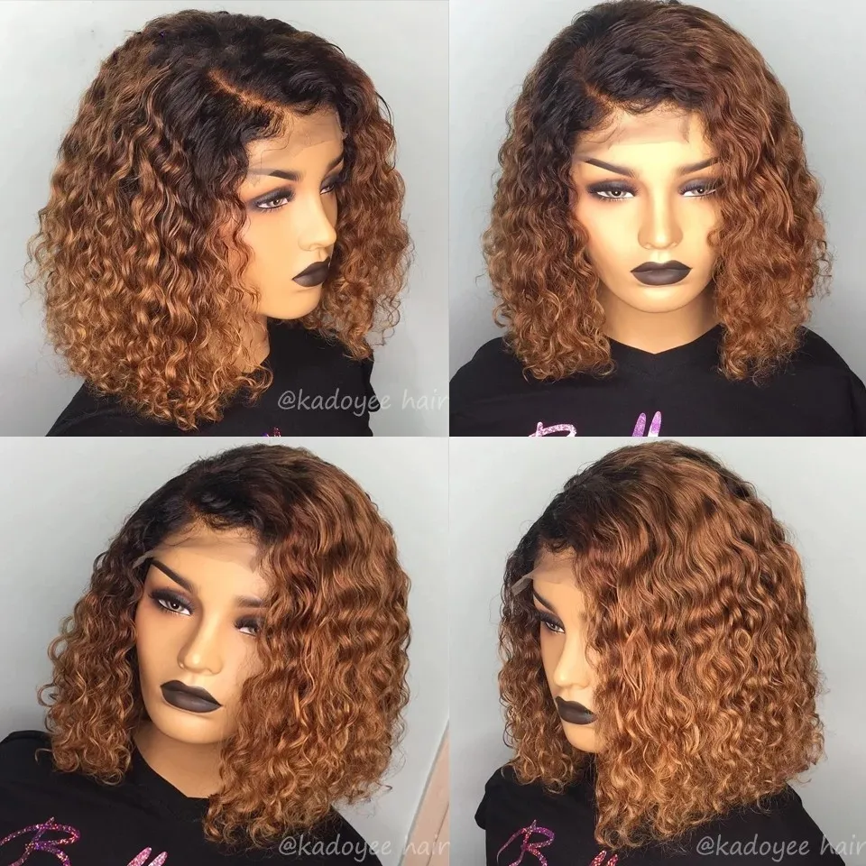Ombre Brown Curly Bob Wig: Premium Deep Wave Human Hair Blend ...
