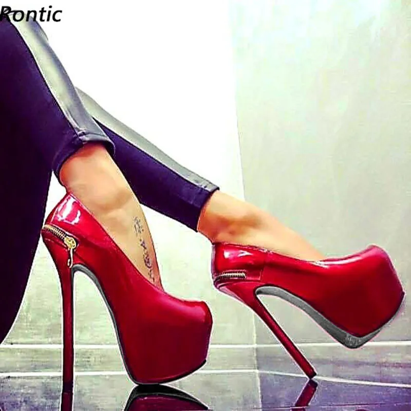Rontic Handmade Women Platform Pumps Patent Leather Zipper Stiletto ...