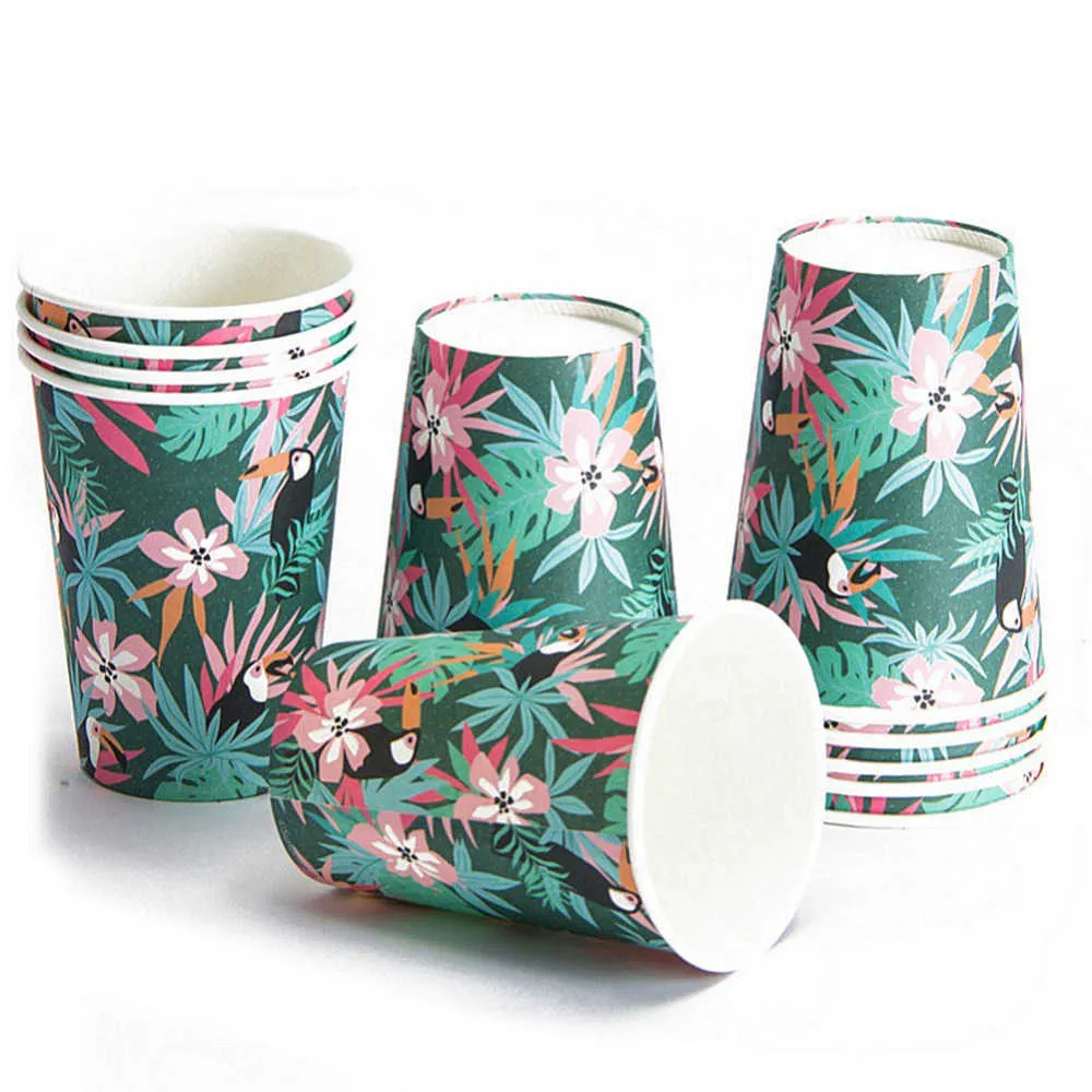 Tropical Party Toucan Palm Leaves Disposable Floral Paper Cups 9 Oz ...