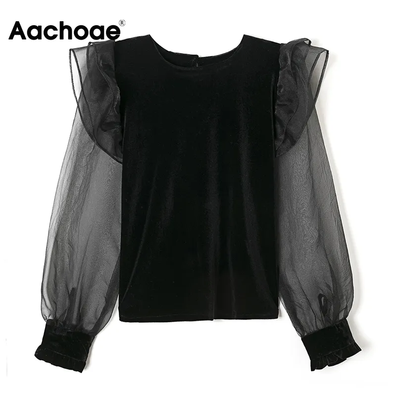 Womens Velvet Mesh Patchwork Blouse Long Sleeve Black Puff Sleeve Shirt ...
