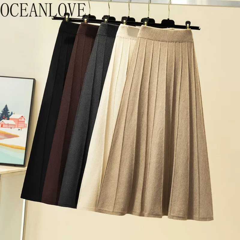 Pleated Solid A-line Mid-Calf Autumn Winter Warm Vintage Long Skirts ...