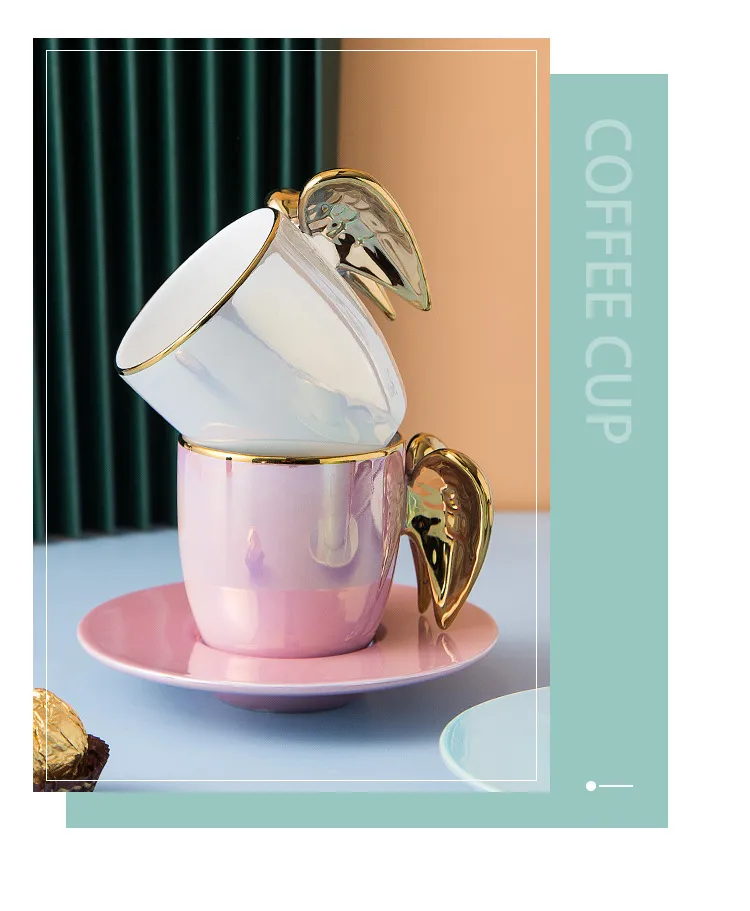 Nordic Porcelain Gold Angel Wing With Saucer Colorful Ceramic Coffee ...
