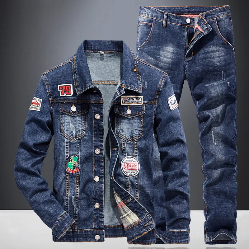 Men's 2-Piece Denim Tracksuit Set, Spring/Autumn Badge Patch Design ...