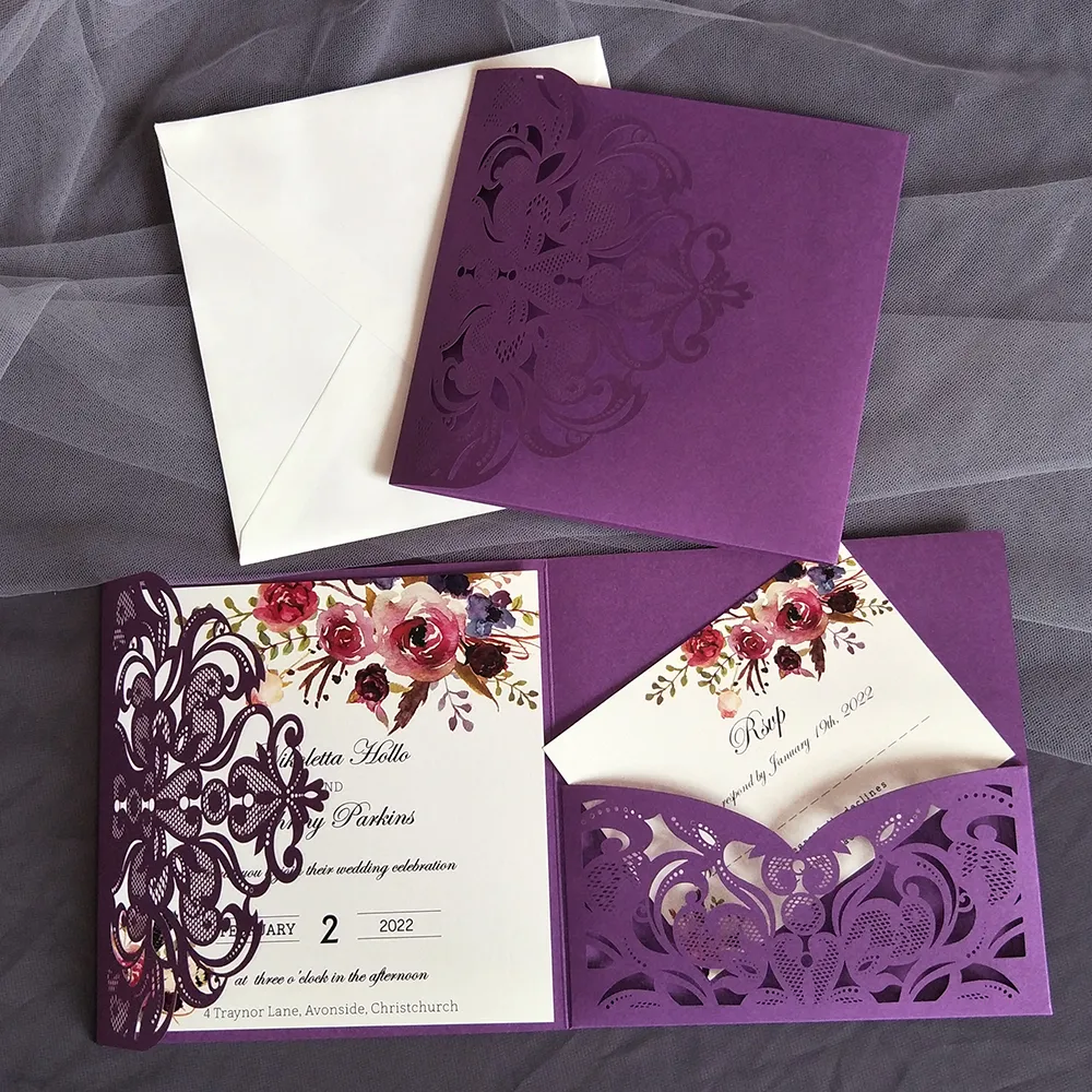 Dark Purple Wedding Invitations - DIY Floral, Personalized Print, Pearl ...