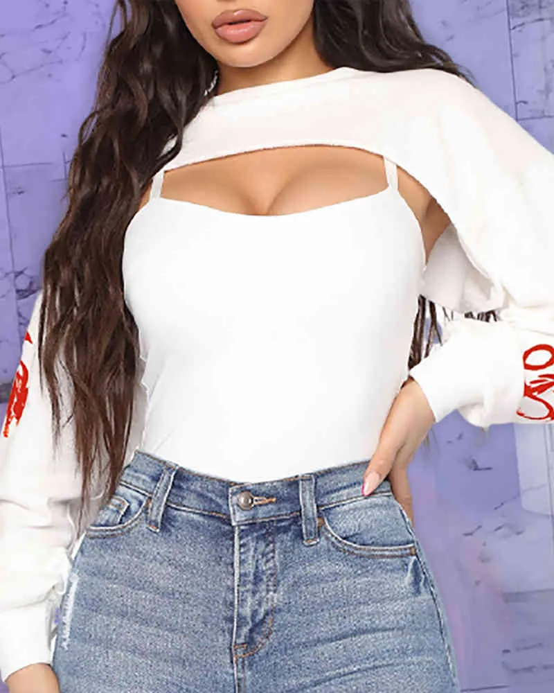 Spaghetti Strap Tank Top V-Neck Pullover with Printed Cover-Up Set for ...