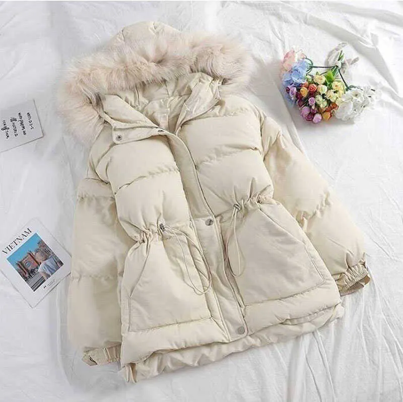 Big Fur Collar Drawstring High Waist Parka Thicken Jacket Women's Warm ...