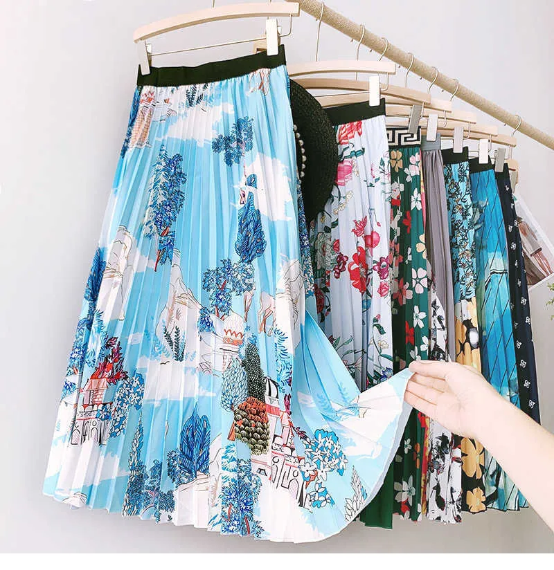 SURMIITRO Vintage Print High Waist Midi Chiffon Skirt Korean Style ...