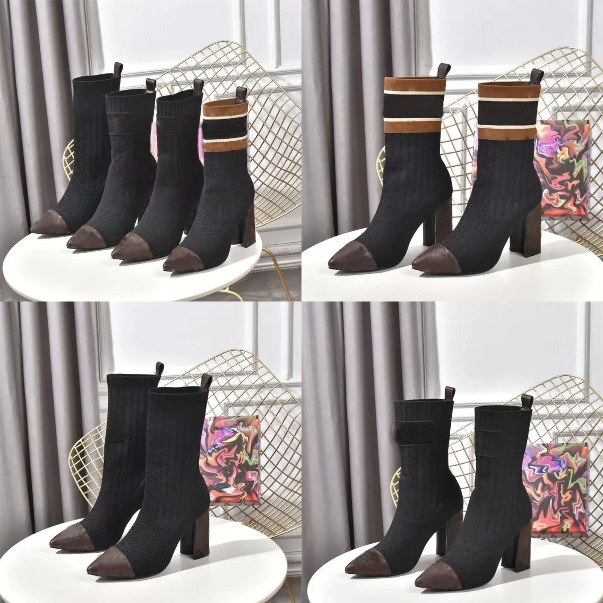 Designer Socks Boots Laureate Knitted Elastic Knitting Chunky High Heels Shoes Winter Party Women Pointed Toes Ankle Boot Sexy Lady Letter Martin Trainers Shoe Box From 66 42 DHgate