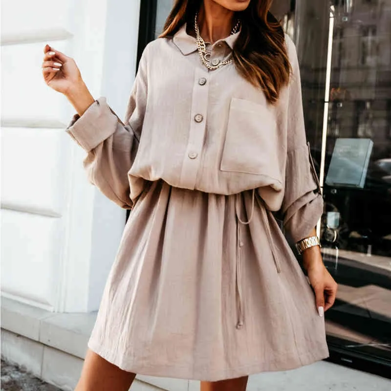 Women Fashion Shirt Dress Casual Turn-down Collar Batwing Sleeve Mini ...