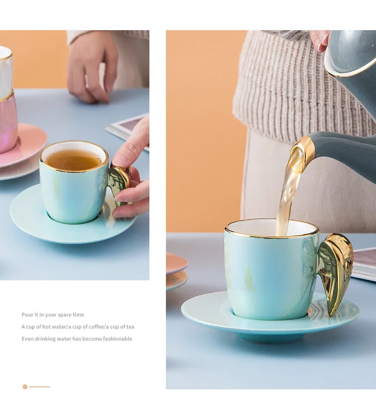 Nordic Porcelain Gold Angel Wing With Saucer Colorful Ceramic Coffee ...
