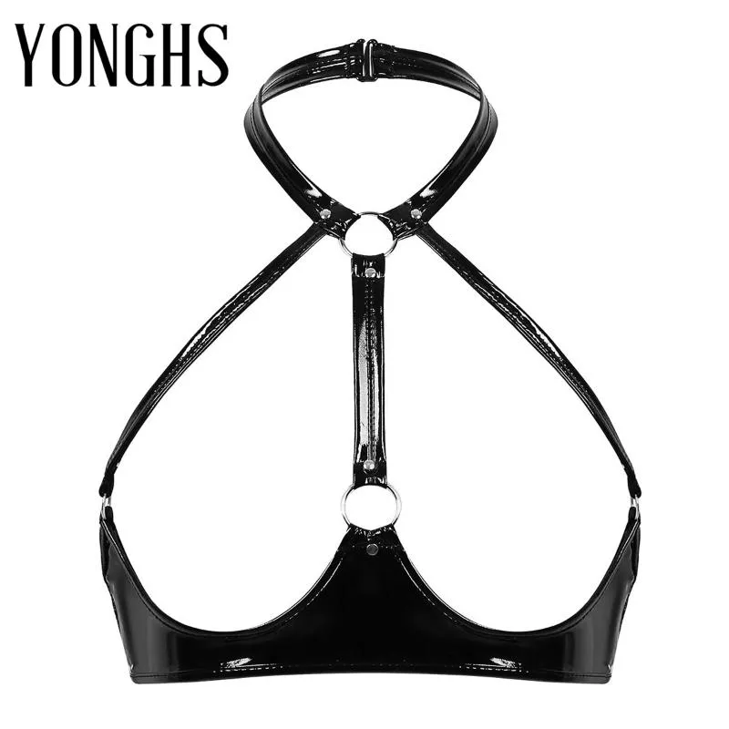 Womens Erotic Lingerie Open Cups Bra Top For Sex Wet Look Patent