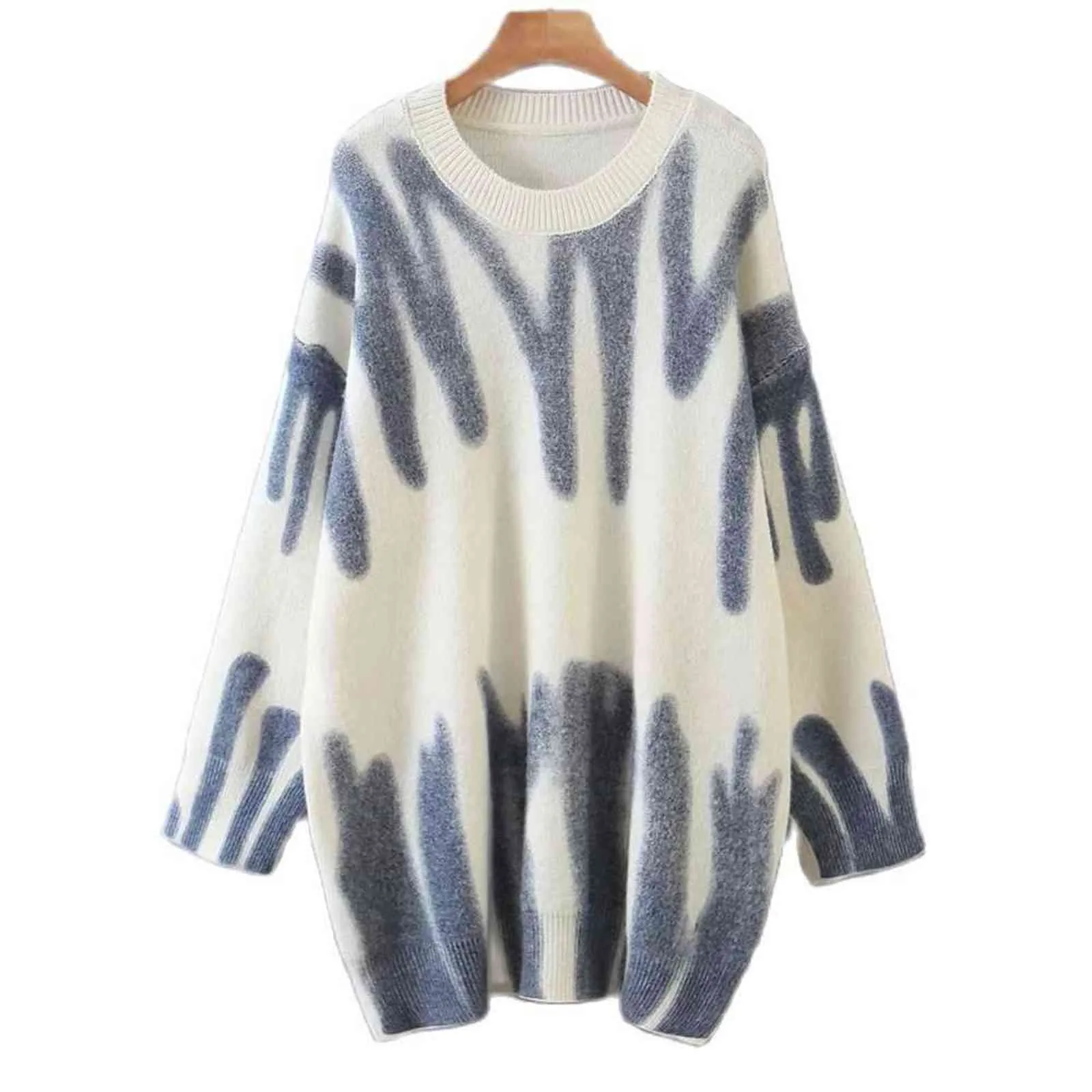 Green Striped Oversized Pullover Elegant O Neck Loose Long Sweater For ...