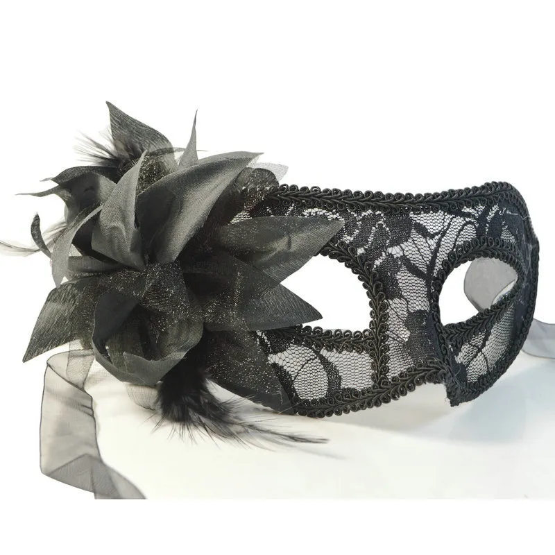 Flower Feather Lace Black Satin Eye Mask For Halloween Party ...