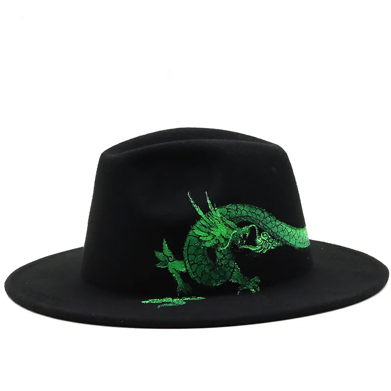 2024Unisex Hand-Painted Green Dragon Wool Fedora Hat, Vintage Wide Brim ...