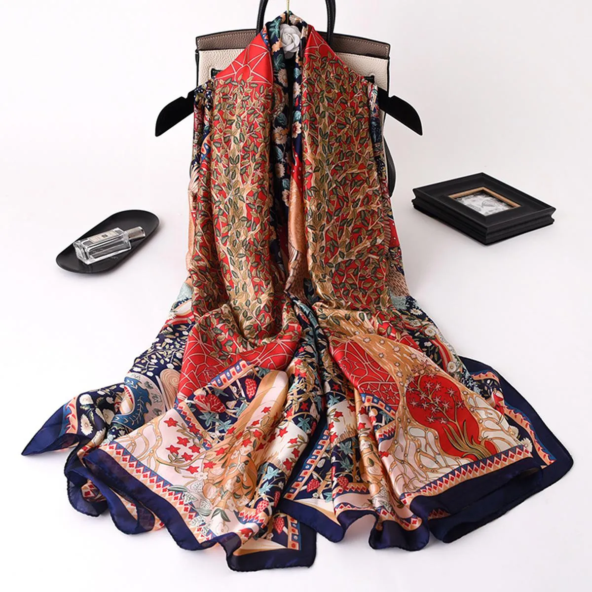 Elegant Womens Neck Scarves: Lightweight Silk Scarf With Tree And Bird ...