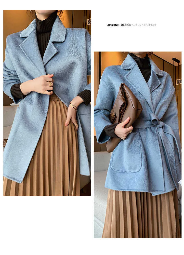 Korean Style Water Ripple Cashmere Belted Wool Coat For Women Loose Fit ...