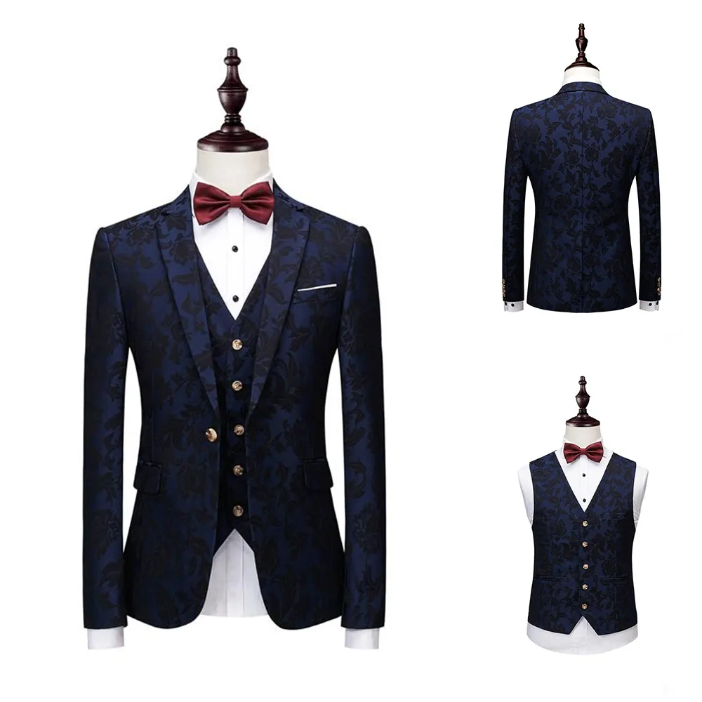 Navy Blue Patterned Men's Suit - Slim Fit 3-Piece Business Casual Suit ...