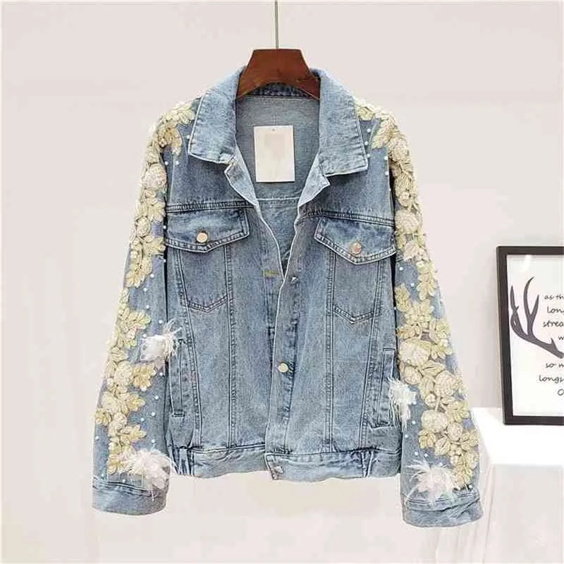 Womens Long Jean Jacket Floral Embroidery Denim Coat Ladies Vintage ...
