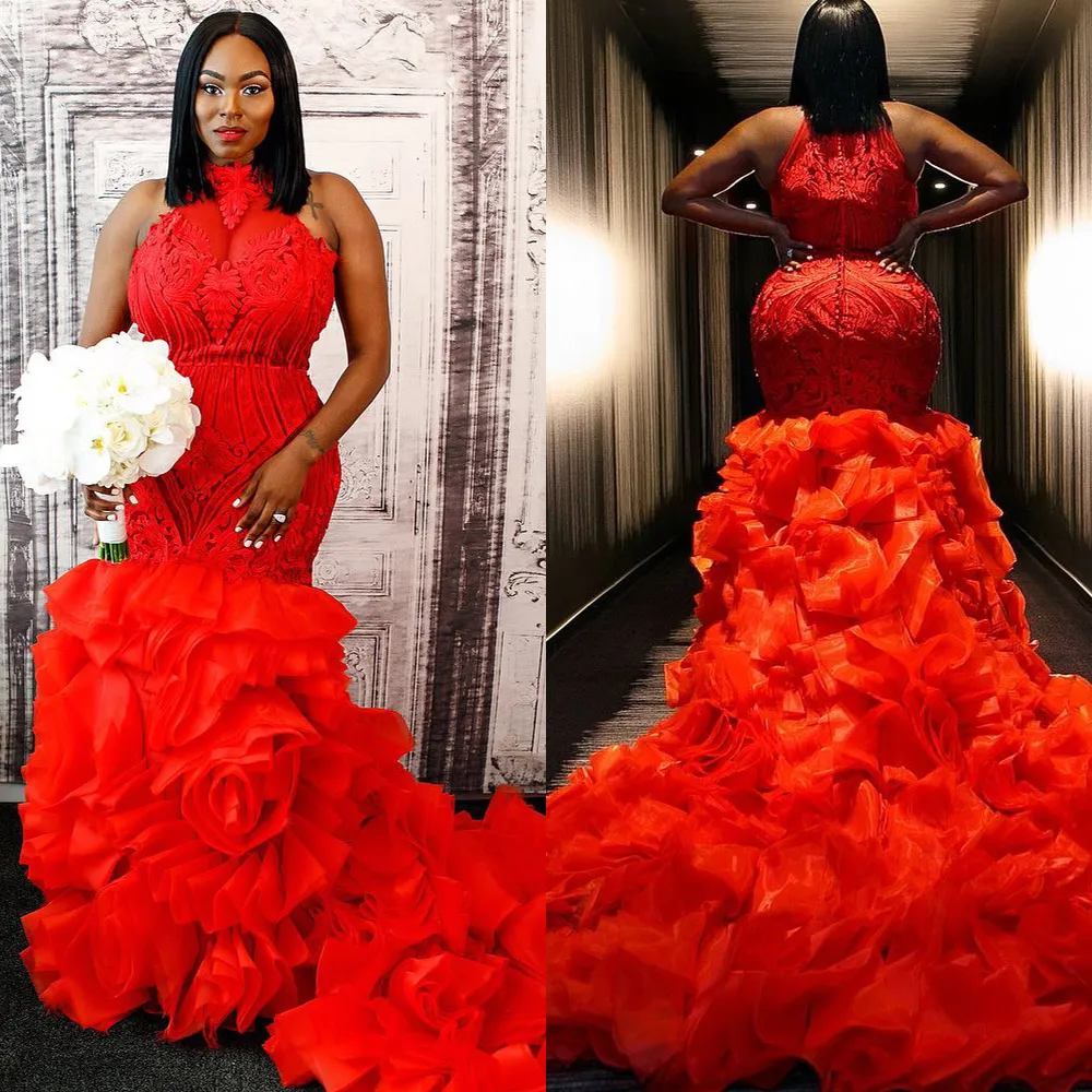 Cascading Ruffles Red Mermaid Wedding Dress 3D Lace Appliques High Neck ...