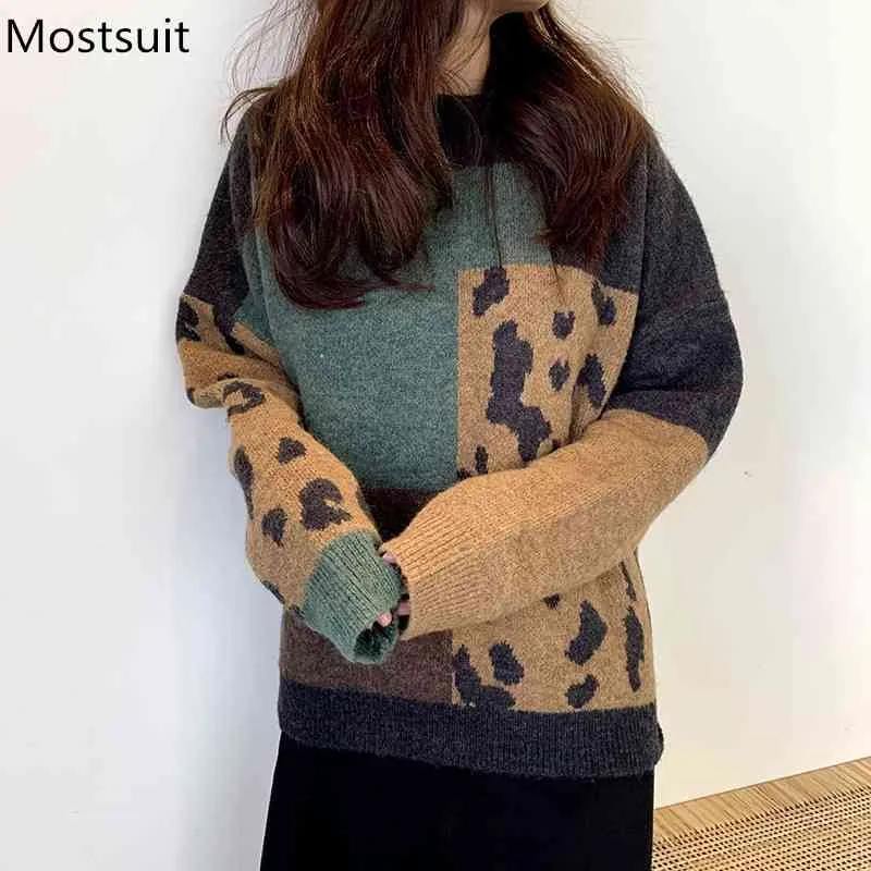 Leopard Acrylic Knit Sweater Pullover Women Oversized V-Neck Long ...
