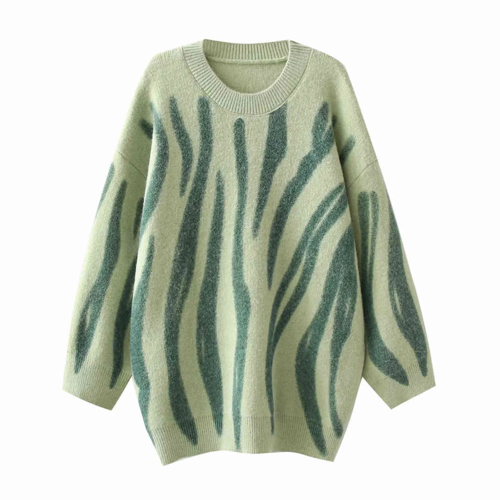 Green Striped Oversized Pullover Elegant O Neck Loose Long Sweater For ...
