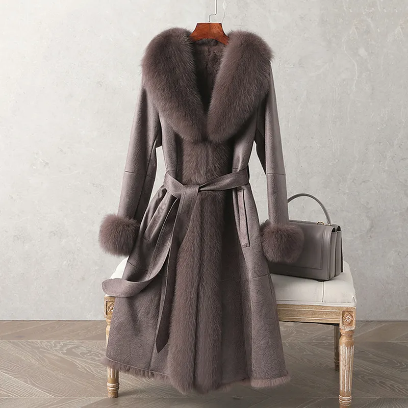 Designer Real Double Face Rabbit Fur Coat Womens Mid Length Winter Close Fitting Leather Fox Fur Collar Cuffs Fur Garments From 281 03 DHgate