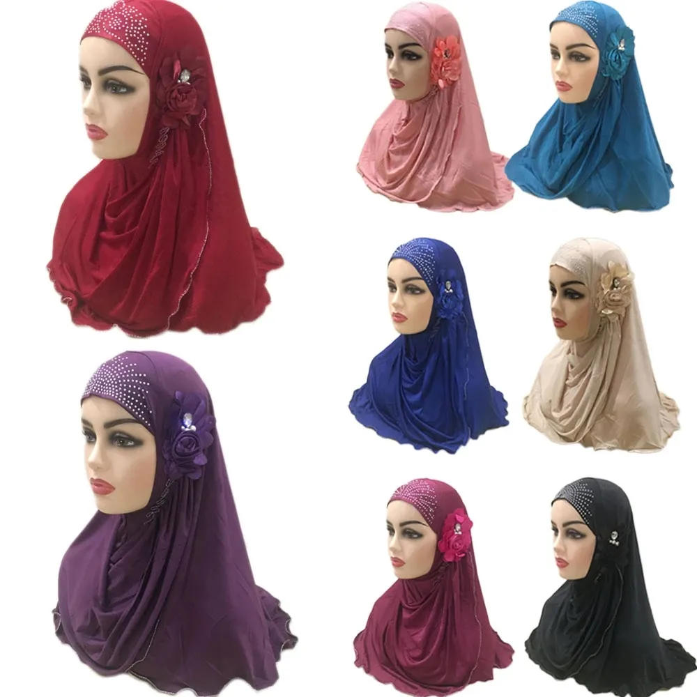 Rhinestone Scarf Flower Hijab For Muslim Women Full Cover Islamic Scarf