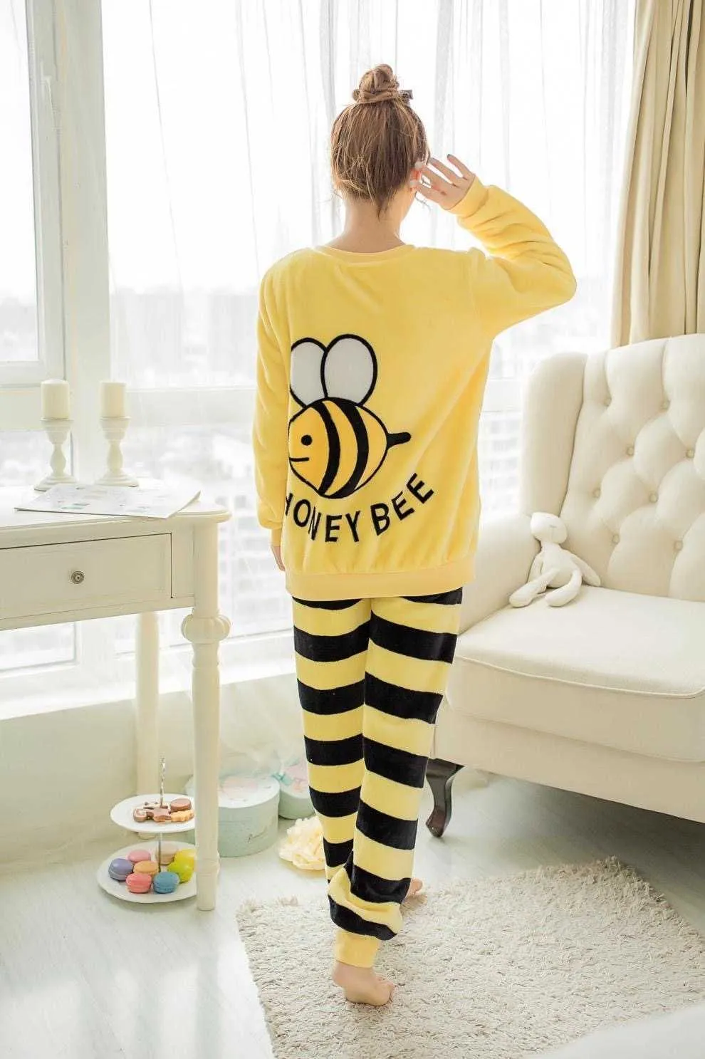 Women's Pajamas Home Service Suit Plus Velvet Thick Flannel Cute Bee ...