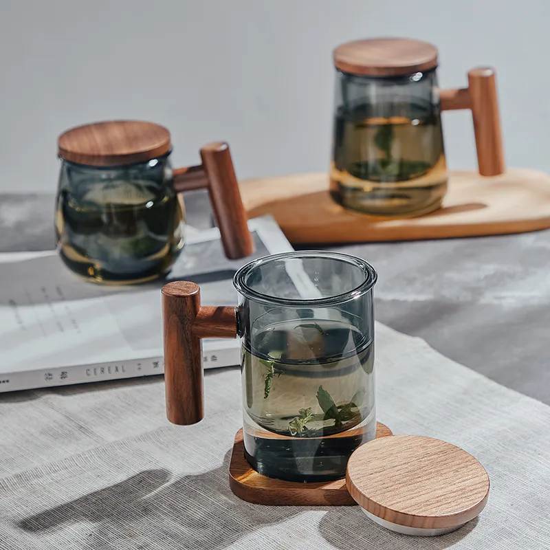 Glass Cup with Wooden Lid 300ml Borosilicate Glass Mug with Handle and ...