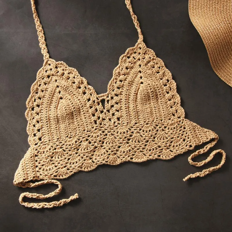 Crochet Boho Halter Bikini Crop Top Sexy Backless Swimwear For Women