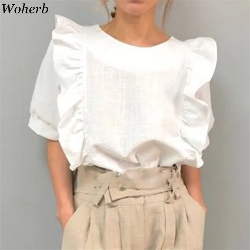 Korean Summer Ruffles Women Blouse Long Puff Sleeve Polyester Casual ...