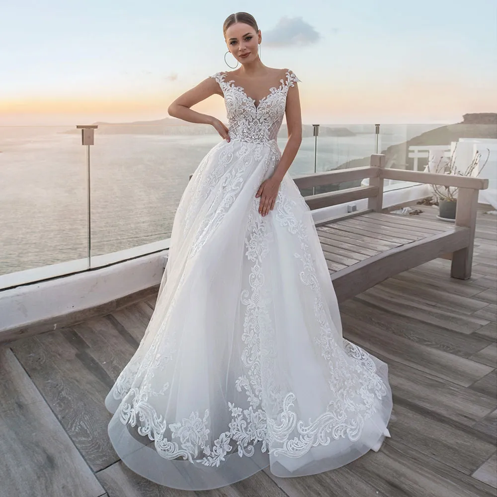 Backless Lace Bridal Gown: Sheer Bateau Neck A Line Wedding Dress With ...