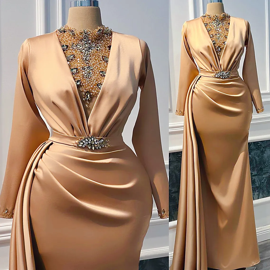 Luxurious Plus Size Mermaid Champagne gold prom dress...