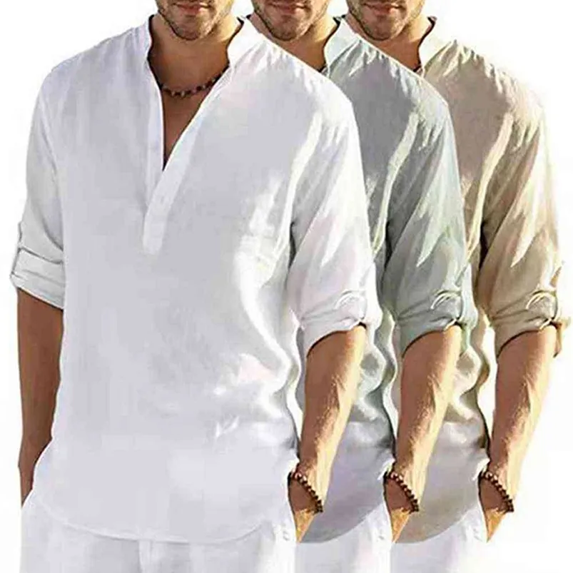 Men S Casual Blouse Cotton Linen Shirt Loose Tops Long Sleeve Tee