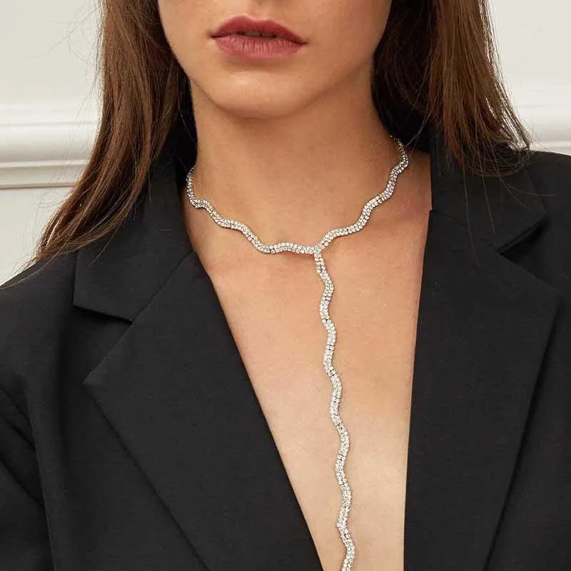 Stonefans Rhinestone Wave Lariat Necklace Statement Crystal Y Triangle