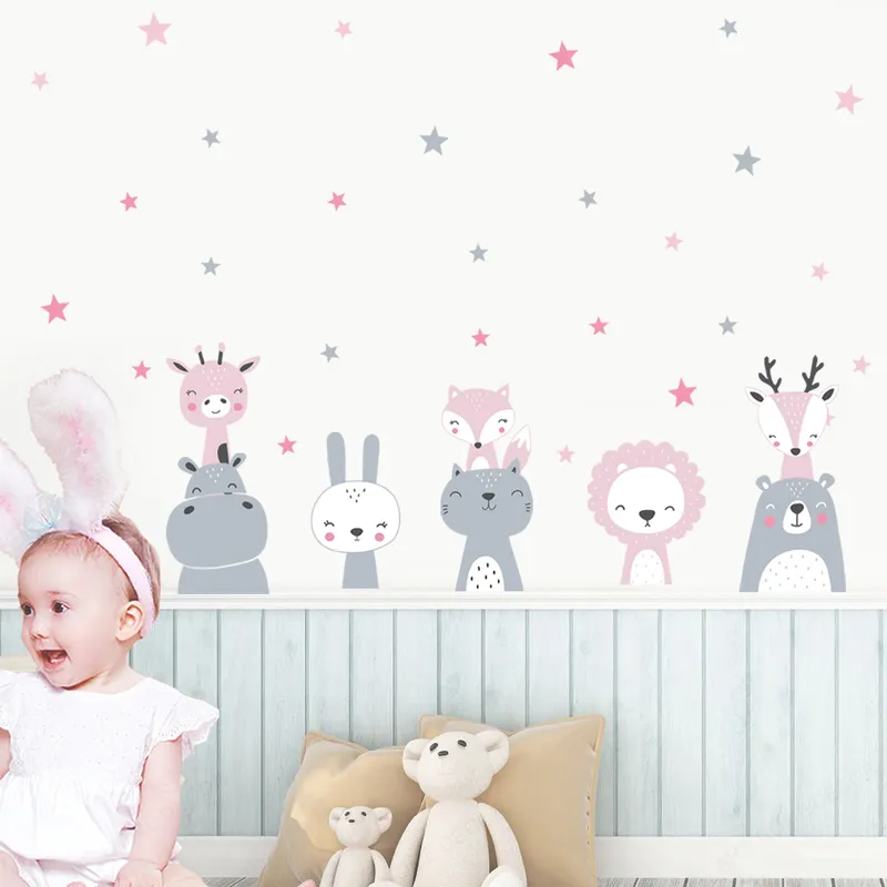 Cartoon Cute Lion Giraffe Animals Stars Wall Sticker Nursery Vinyl ...