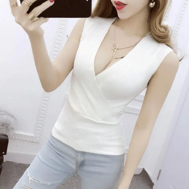 Womens Korean Sexy Low Cut Tanks Cross Deep V Neck Elastic Tight Knit