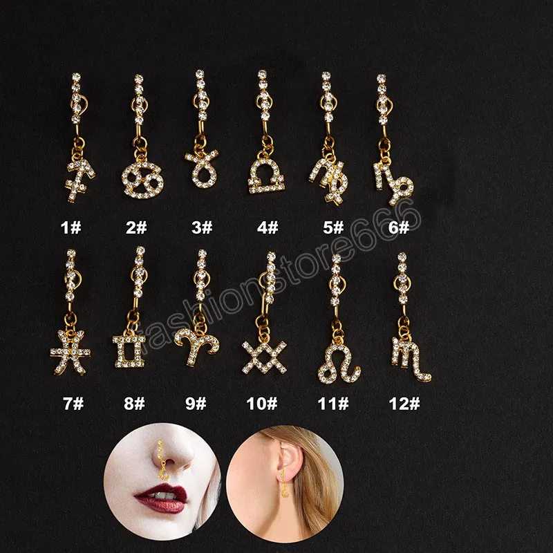 Crystal Fake Nose Ring With Dangling Charm Constellation Dangle Cuff Fake Piercing Clip On Nose Rings Faux Piercing 14K Gold Plated Alloy Trendy