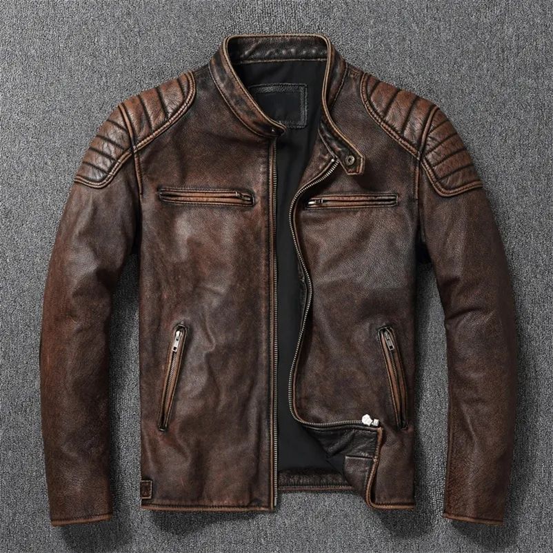 Men's Genuine Cowhide Leather Motorcycle Jacket Vintage Yellow Brown ...