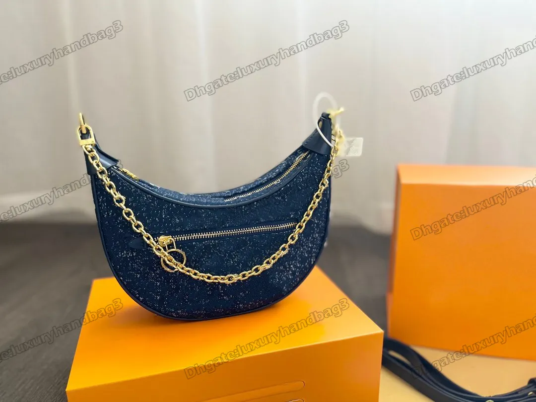 Half Moon Loop Baguette Designer Bags 2022 Show Navy Blue Denim ...