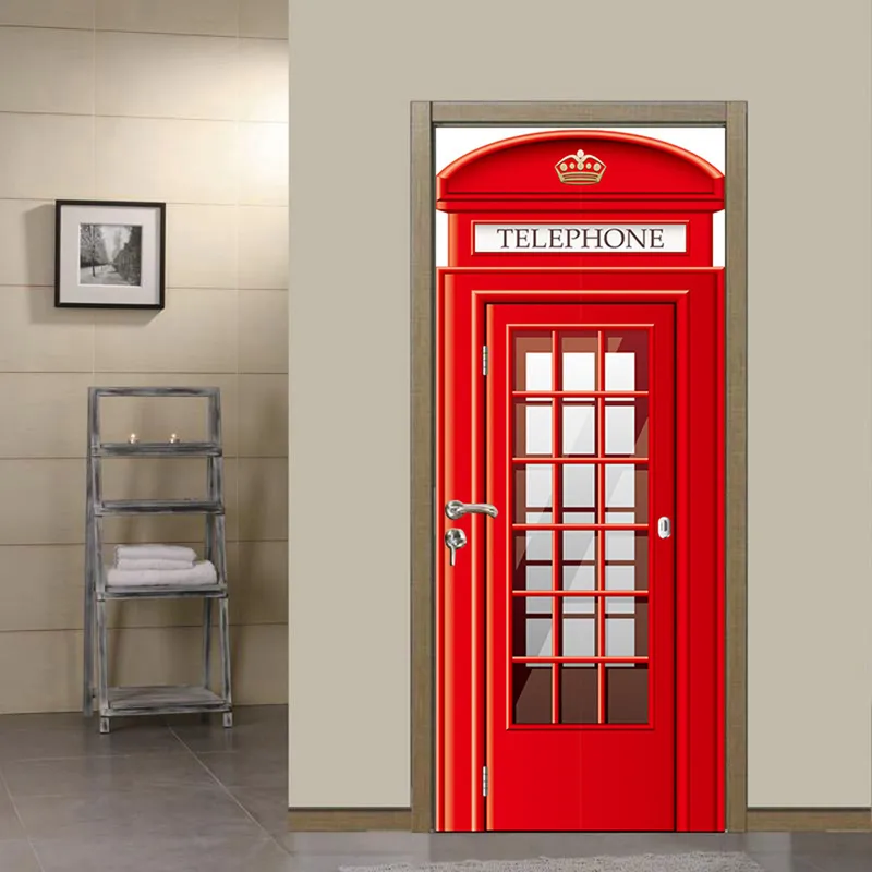 British Style London Red Phone Booth Door Sticker Waterproof PVC Wall ...