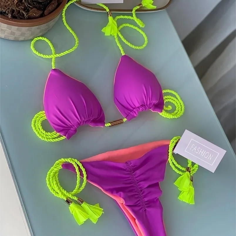 High Cut Purple Halter Floral Print Bikini Set With Ribbed Folds Solid ...
