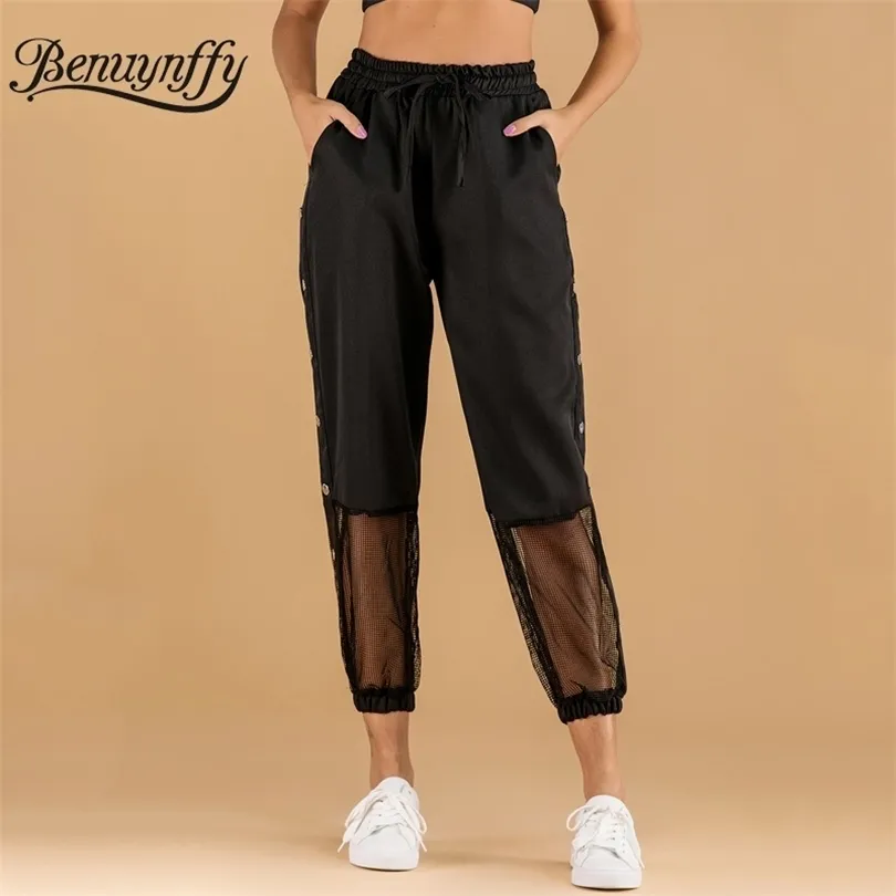 Benuynffy Black Side Button Cargo Pants Women Spring Summer Mesh ...