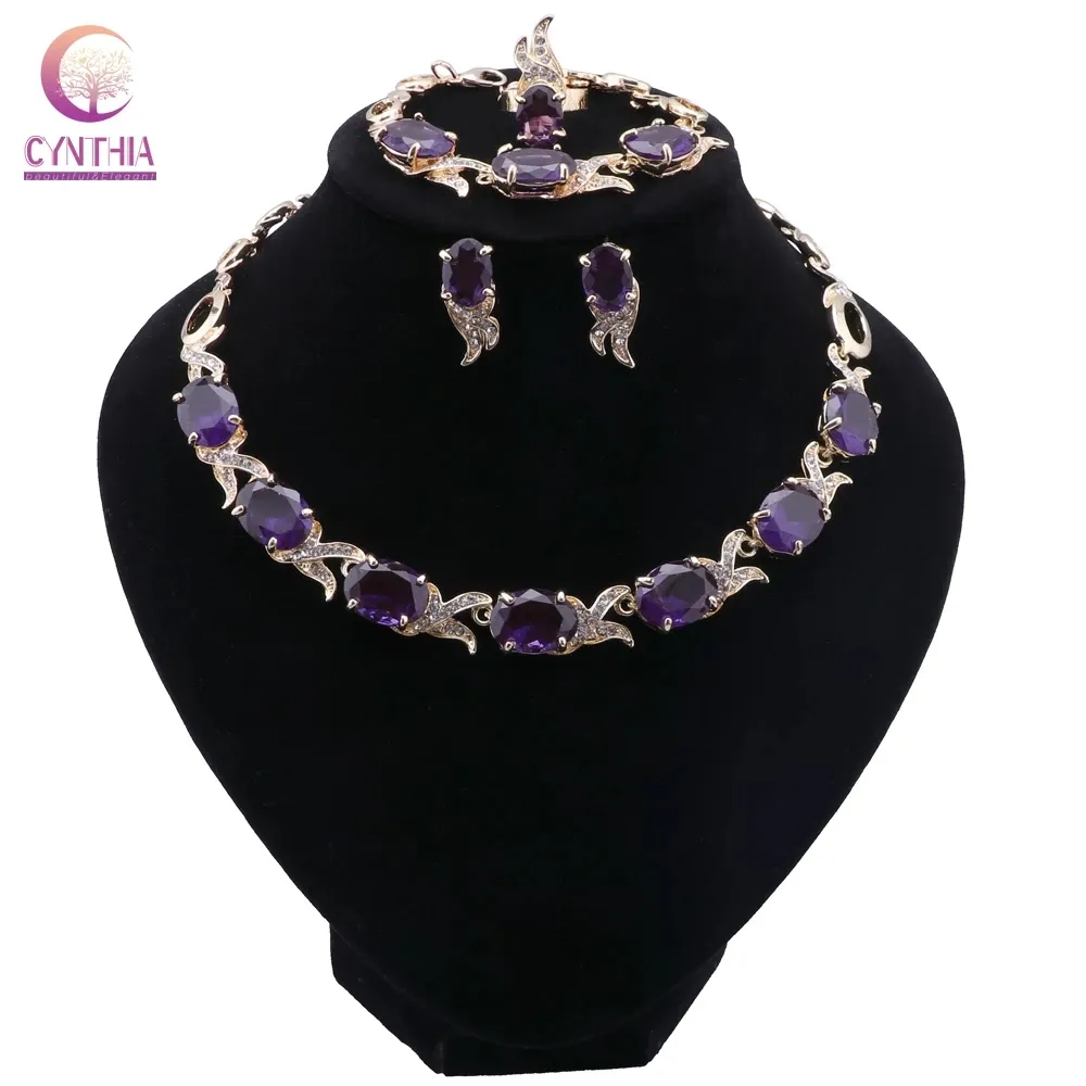 Gold Color Jewelry Set Necklace Bracelet Earrings Ring for Women with ...